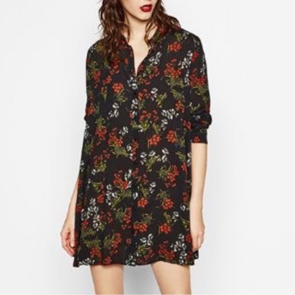 Zara | Dresses | Zara Premium Denim Collection Black Floral Mini Dress ...